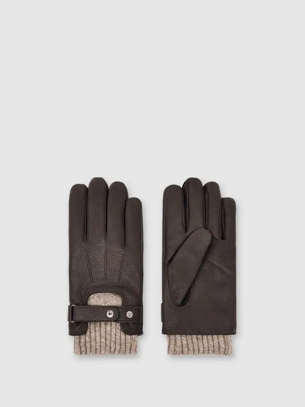 REISS Leather Ribbed-cuff Gloves - Dark Brown