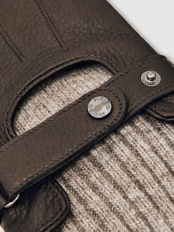 REISS Leather Driving Gloves With Knitted Ribbed Cuffs - Dark Brown
