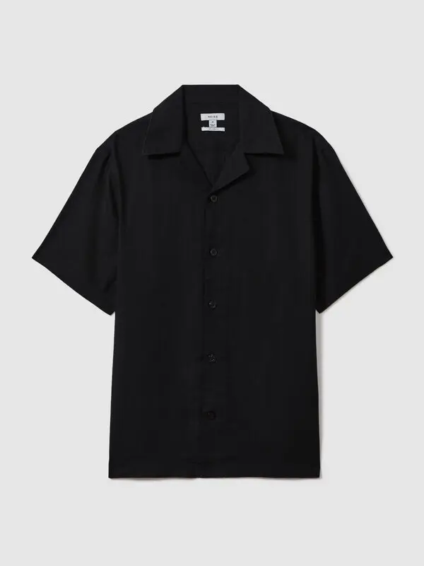 REISS Linen Cuban-collar Shirt - Black