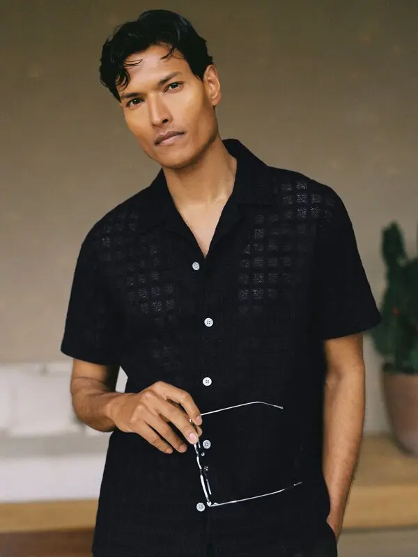 REISS Cotton-blend Crochet Tile-pattern Shirt