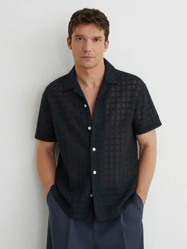 REISS Cotton-blend Crochet Tile-pattern Shirt