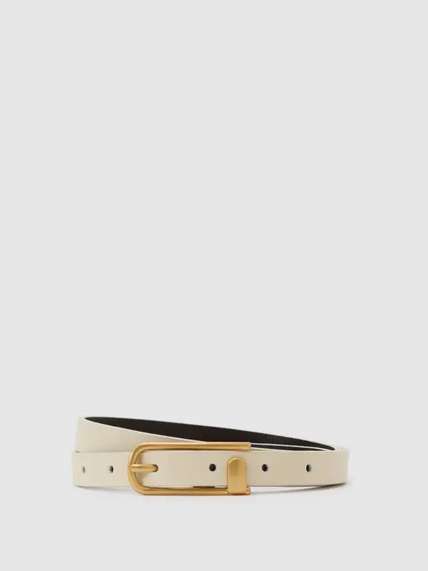 REISS Slim Leather Half-keeper Belt - Stone