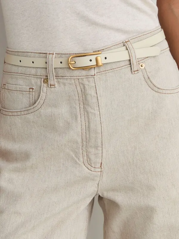 REISS Slim Leather Half-keeper Belt - Stone