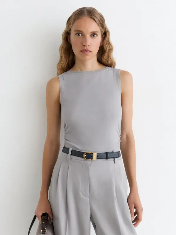 REISS Cotton Sheer-trim Ruched Vest - Grey