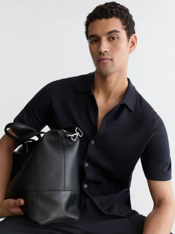 REISS Merino Wool Button-through Shirt - Navy