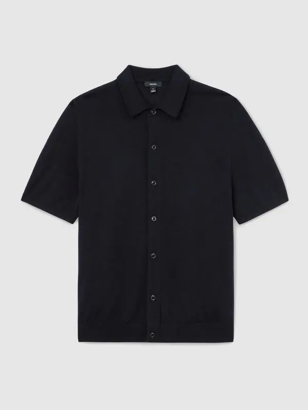 REISS Merino Wool Button-through Shirt - Navy