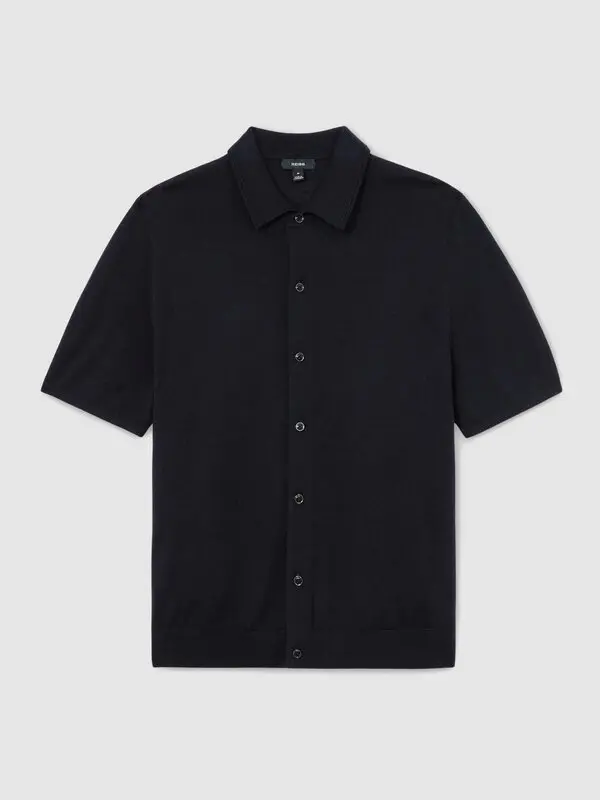 REISS Merino Wool Button-through Shirt - Navy