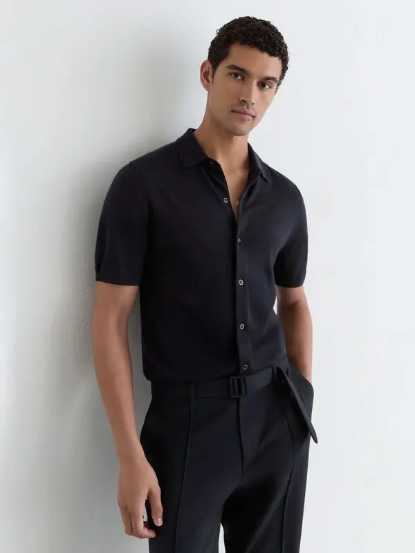 REISS Merino Wool Button-through Shirt - Navy