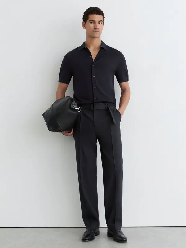 REISS Merino Wool Button-through Shirt - Navy
