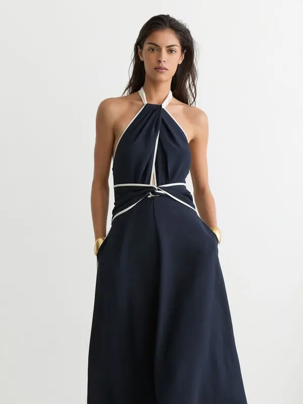 REISS Halterneck Midi Dress With Contrast Trim - Navy/ivory