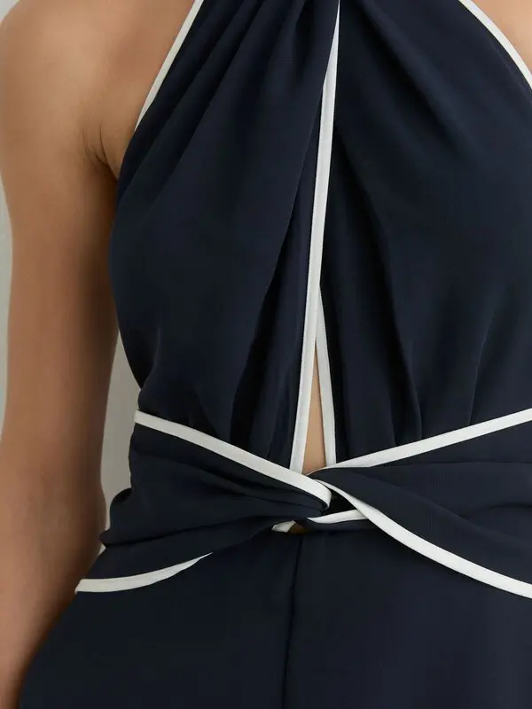 REISS Halterneck Midi Dress With Contrast Trim - Navy/ivory