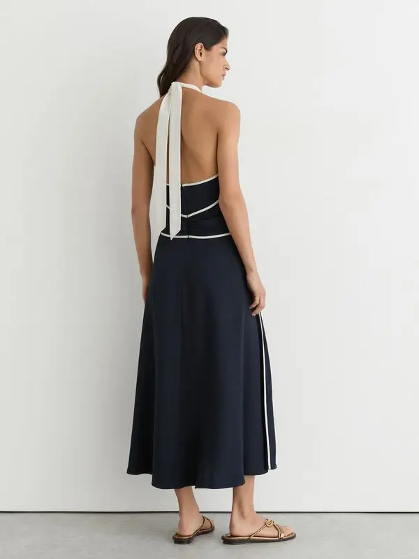 REISS Halterneck Midi Dress With Contrast Trim - Navy/ivory