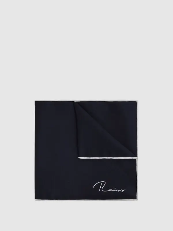 REISS Ceremony Motif Pocket Square Soft Silk Plain - Navy