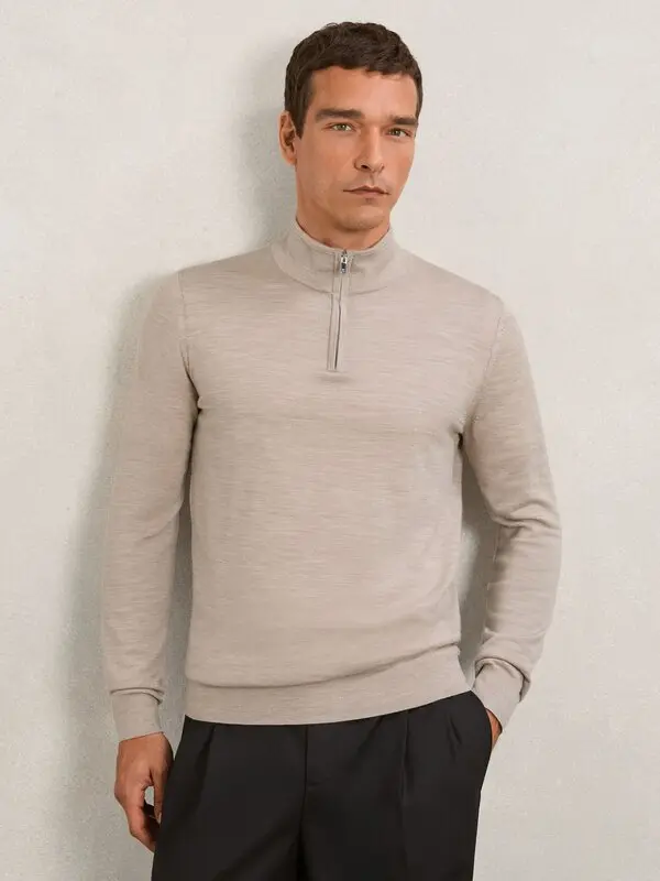 REISS Merino Wool Half Zip Funnel Neck Jumper - Beige