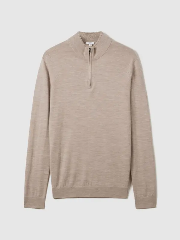 REISS Merino Wool Half Zip Funnel Neck Jumper - Beige