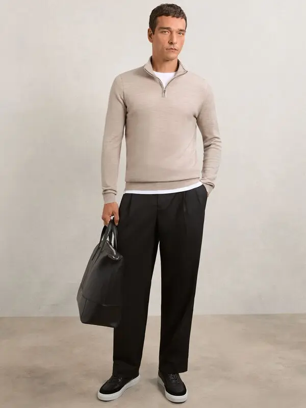 REISS Merino Wool Half Zip Funnel Neck Jumper - Beige