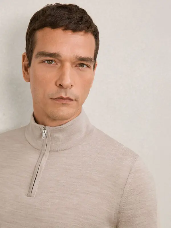 REISS Merino Wool Half Zip Funnel Neck Jumper - Beige