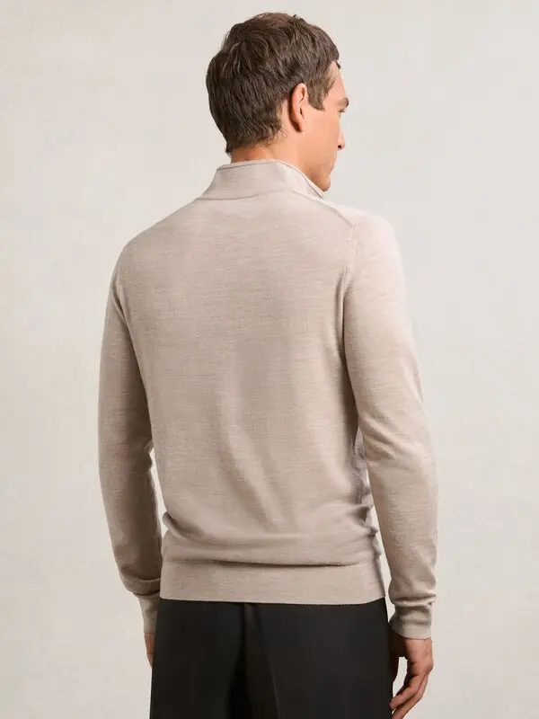 REISS Merino Wool Half Zip Funnel Neck Jumper - Beige