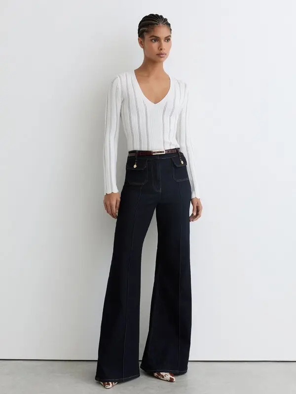 REISS Open-stitch V-neck Jumper - White