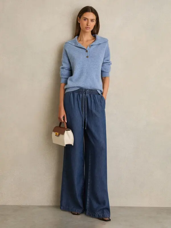 REISS Wide-leg Chambray Drawstring Trousers - Mid Blue