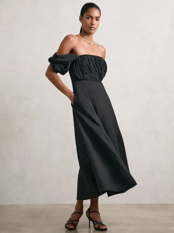 REISS Bardot Sculpted Bodice Midi Dress With Linen - Black