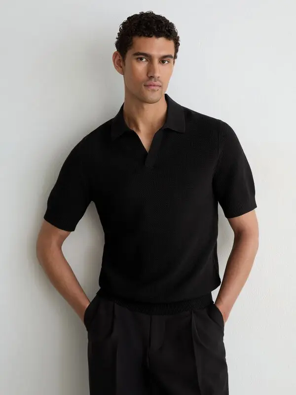 REISS Cotton-blend Basket-stitch Open-collar Polo - Black