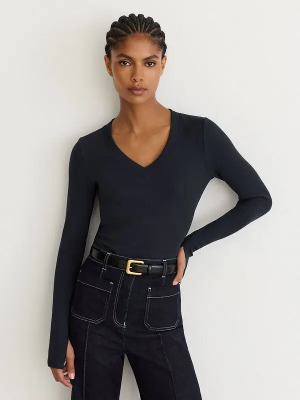 REISS Cotton-stretch V-neck Ruched Top - Navy