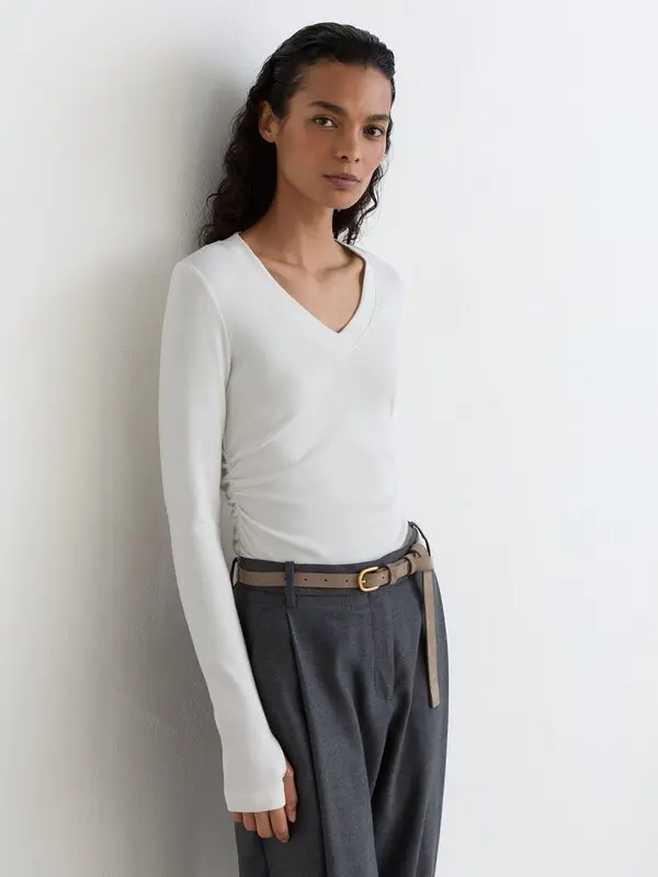 REISS Cotton-stretch V-neck Ruched Top - White