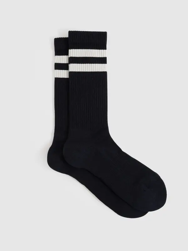 REISS Double Stripe Crew Socks - Navy/ecru