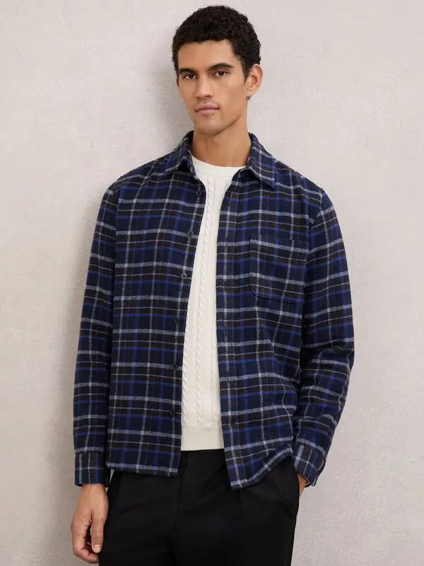 REISS Check Button-through Overshirt With Wool
