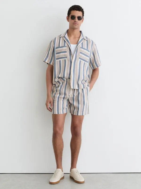 REISS Blue & Ecru Striped Drawstring Shorts - Blue/ecru