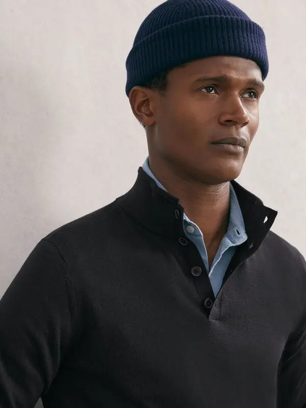 REISS Merino Wool Half-button Funnel Jumper - Navy