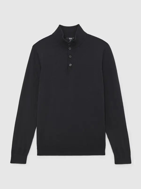 REISS Merino Wool Half-button Funnel Jumper - Navy