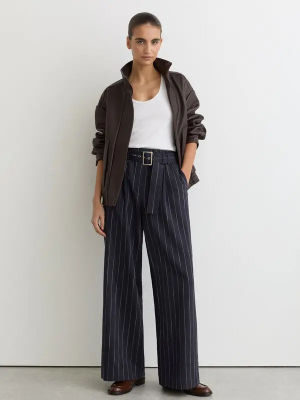 REISS Belted Pinstripe Wide-leg Trousers
