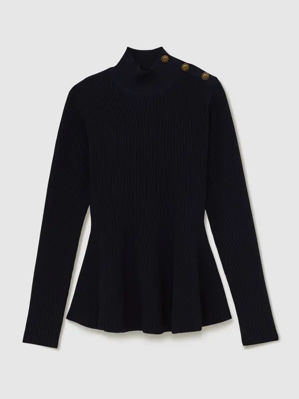 REISS Rib-knit High-neck Peplum Top - Navy