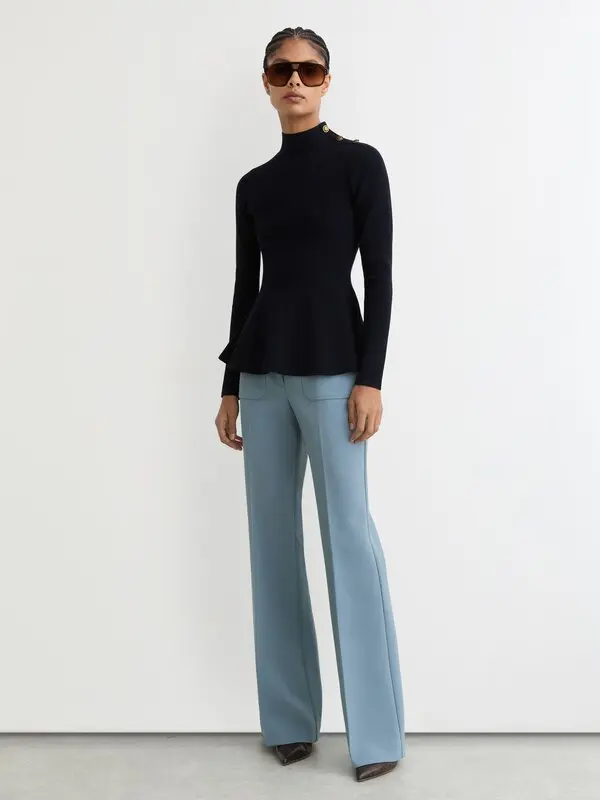REISS Rib-knit High-neck Peplum Top - Navy