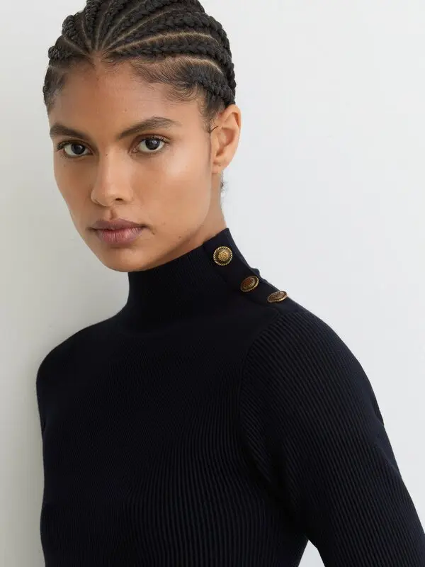 REISS Rib-knit High-neck Peplum Top - Navy