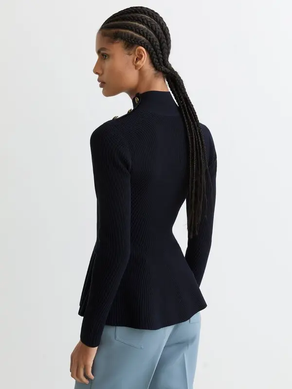 REISS Rib-knit High-neck Peplum Top - Navy