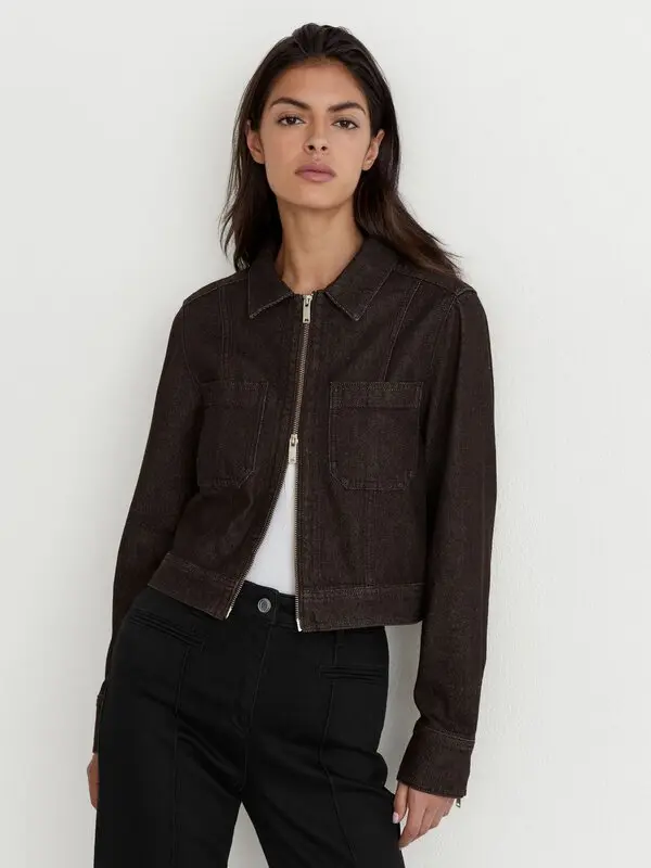 REISS Cropped Zip-through Denim Jacket