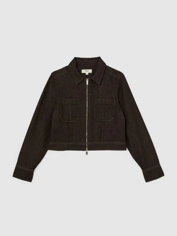 REISS Cropped Zip-through Denim Jacket