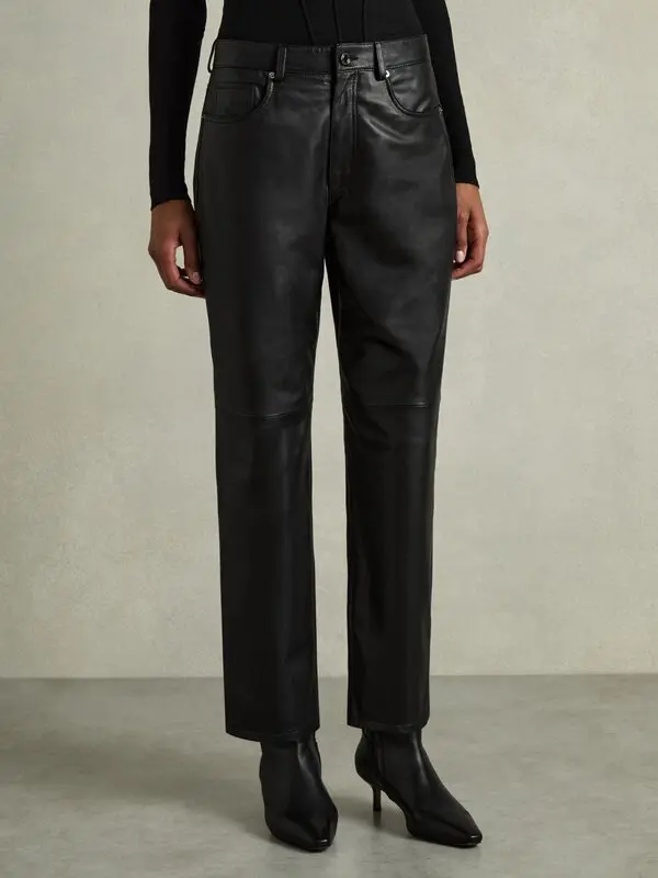 REISS Petite Leather Slim-leg Trousers - Black