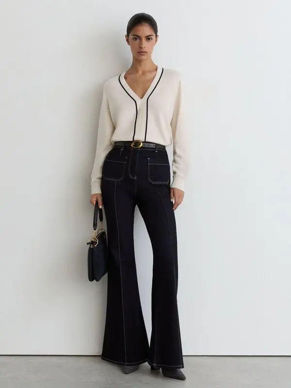 REISS Wool-blend V-neck Stripe-detail Jumper With Cashmere - Ivory/navy