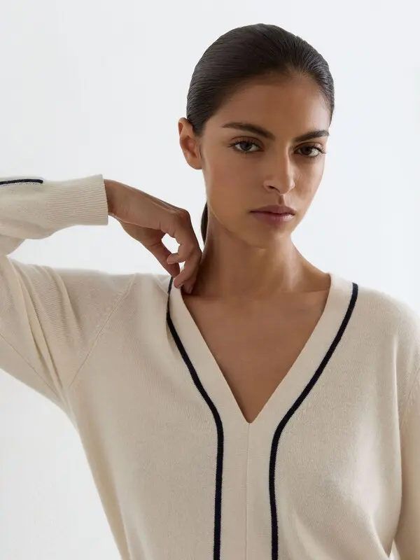 REISS V-neck Jumper With Cashmere And Contrast Trim - Ivory/navy