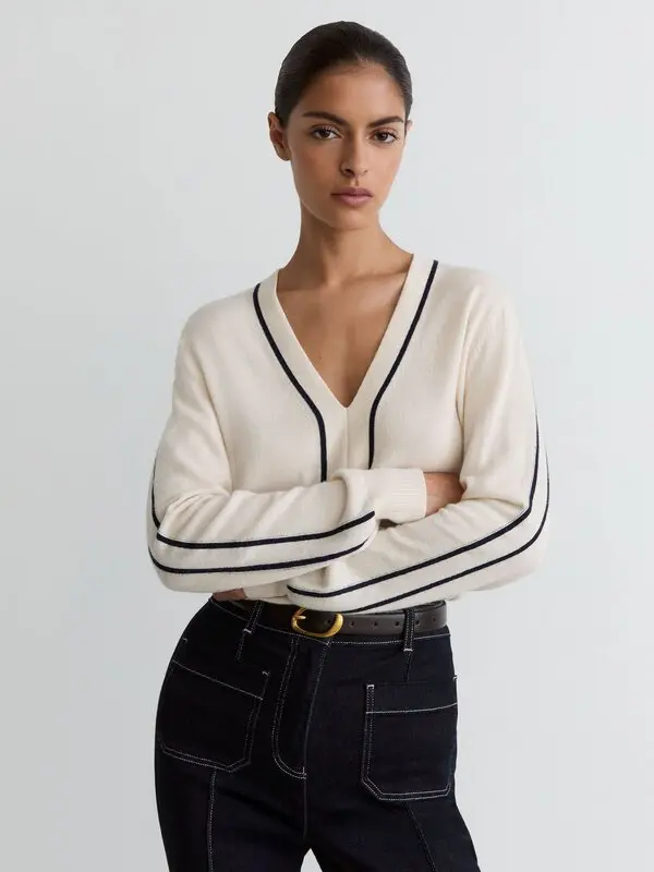 REISS V-neck Jumper With Cashmere And Contrast Trim - Ivory/navy