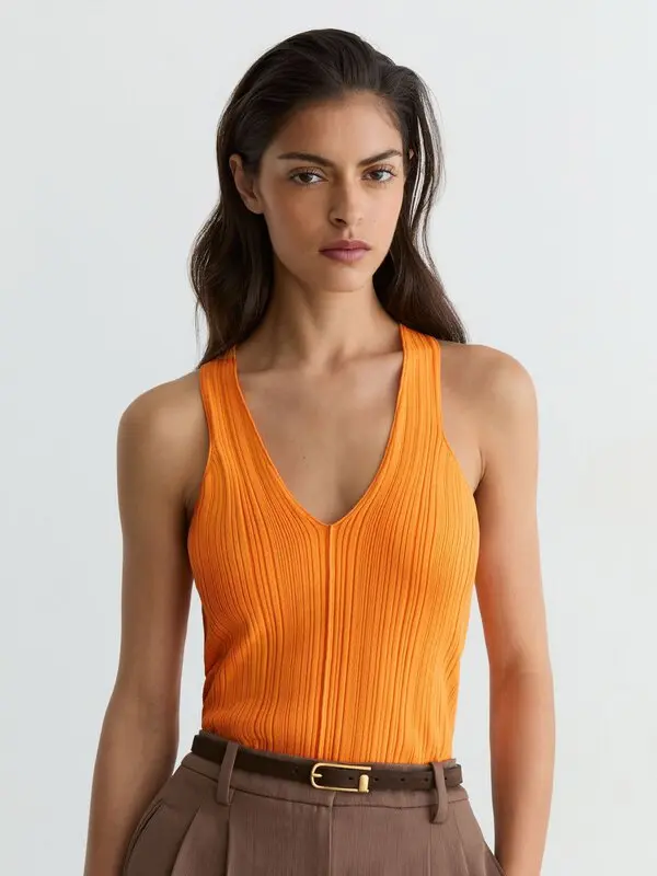 REISS Pleated Knit V-neck Vest - Orange