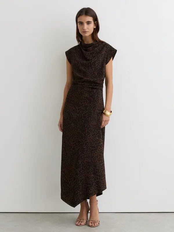 REISS Black & Brown Animal-print Draped Midi Dress - Black/brown