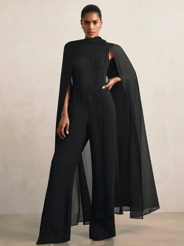 REISS Farley Wide-leg Cape Jumpsuit - Black