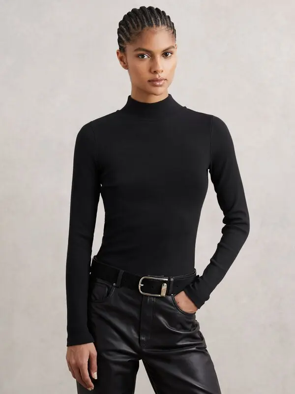 REISS Stretch-cotton Funnel-neck Top - Black