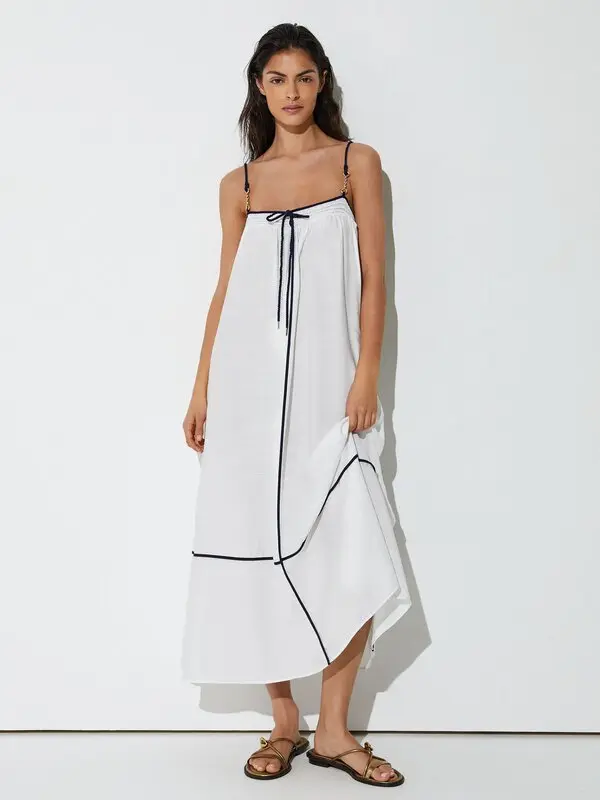 REISS Tie-detail Midi Beach Dress - Ivory/navy