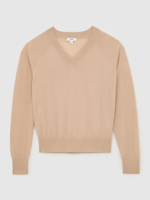 REISS Merino Wool V-neck Jumper - Camel